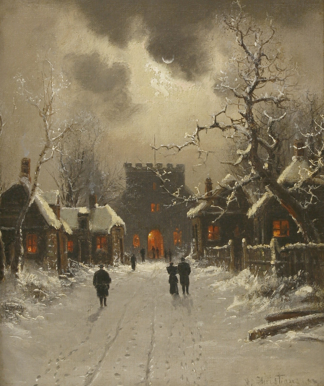 Hans Christiansen | Two works: WALKING TO EVENING CHURCH IN THE SNOW ...