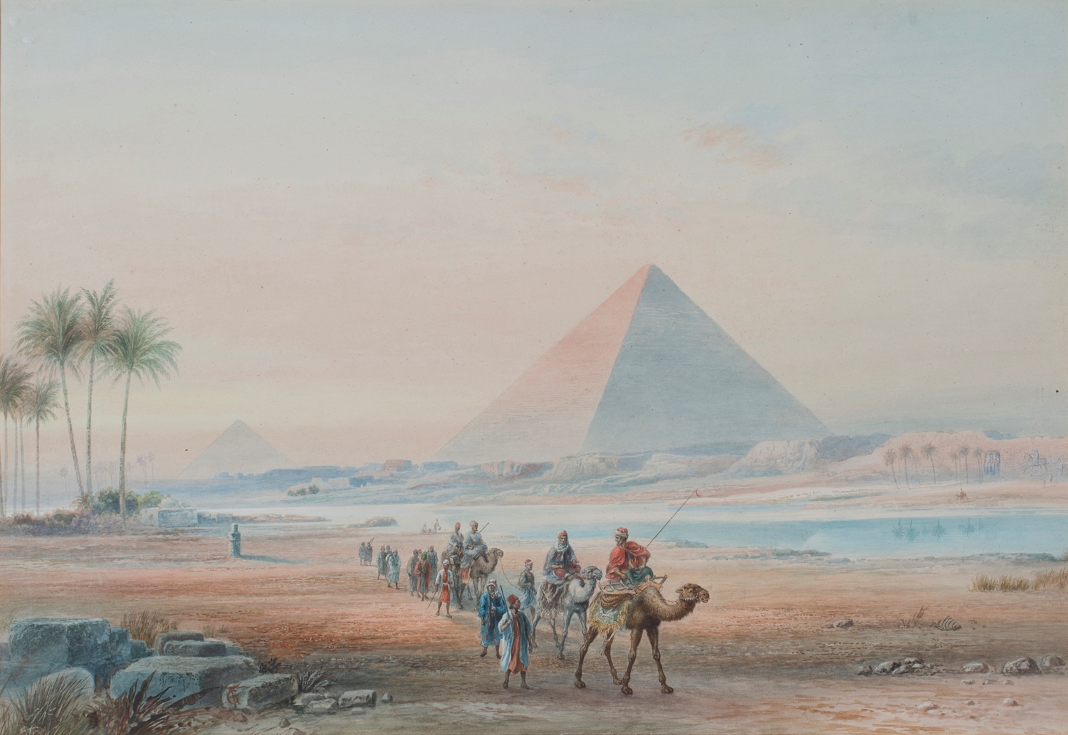 Frederick Goodall | Camel train before the pyramids | MutualArt