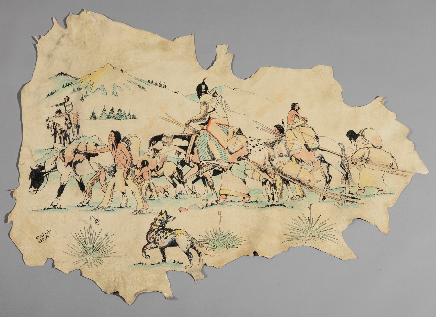 Paha Ska | Sioux tanned hide hand painted with figures | MutualArt