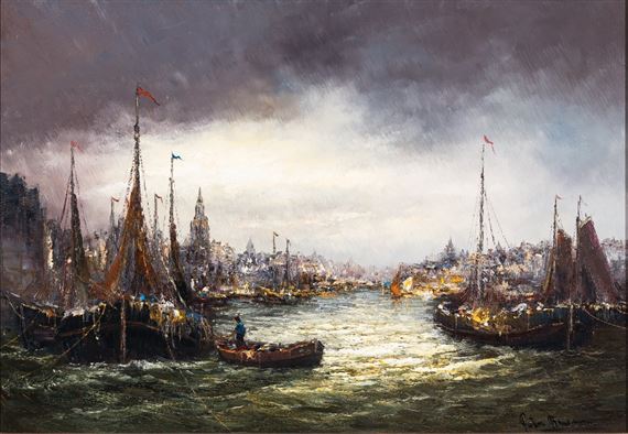 Peter Brouwer | Blick in einen Nordseehafen vor Stadtkulisse bei ...