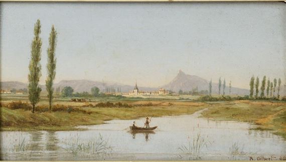 Albert Gilbert | Men Boating on an Italian Lake, Distant Mountain ...