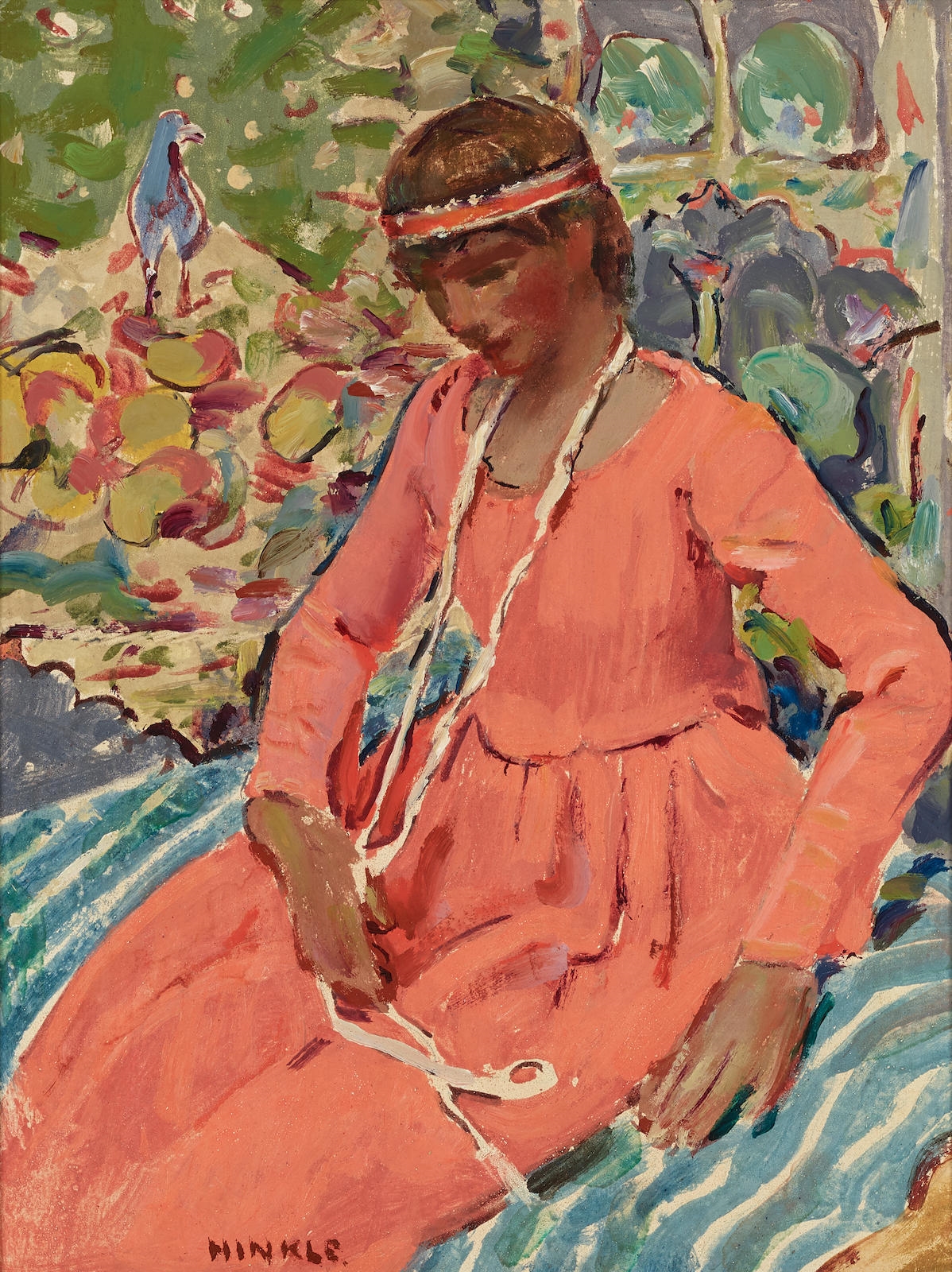 Clarence Hinkle | Portrait of a woman in coral | MutualArt