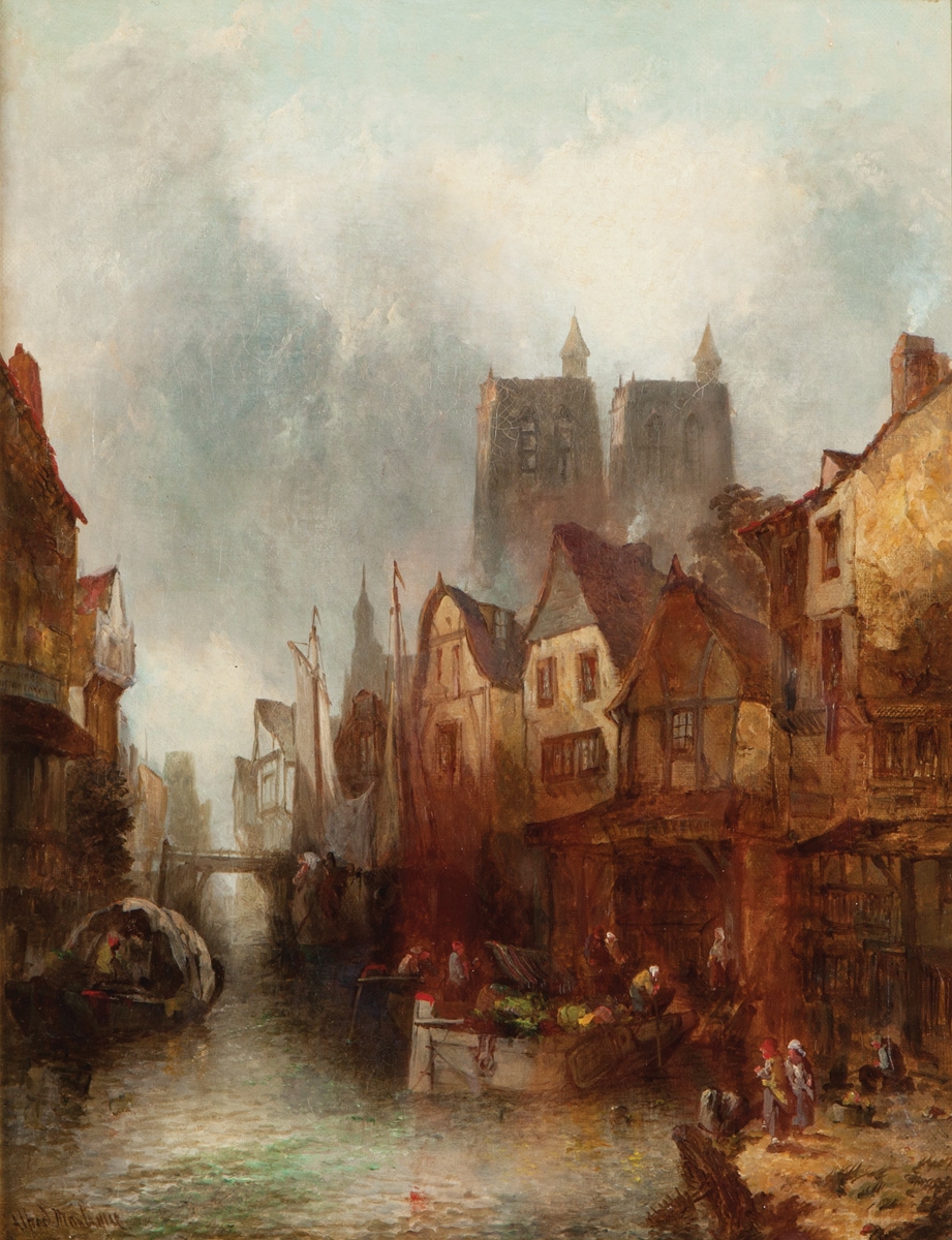 Alfred Montague | rural scene with boat and figures fishing | MutualArt