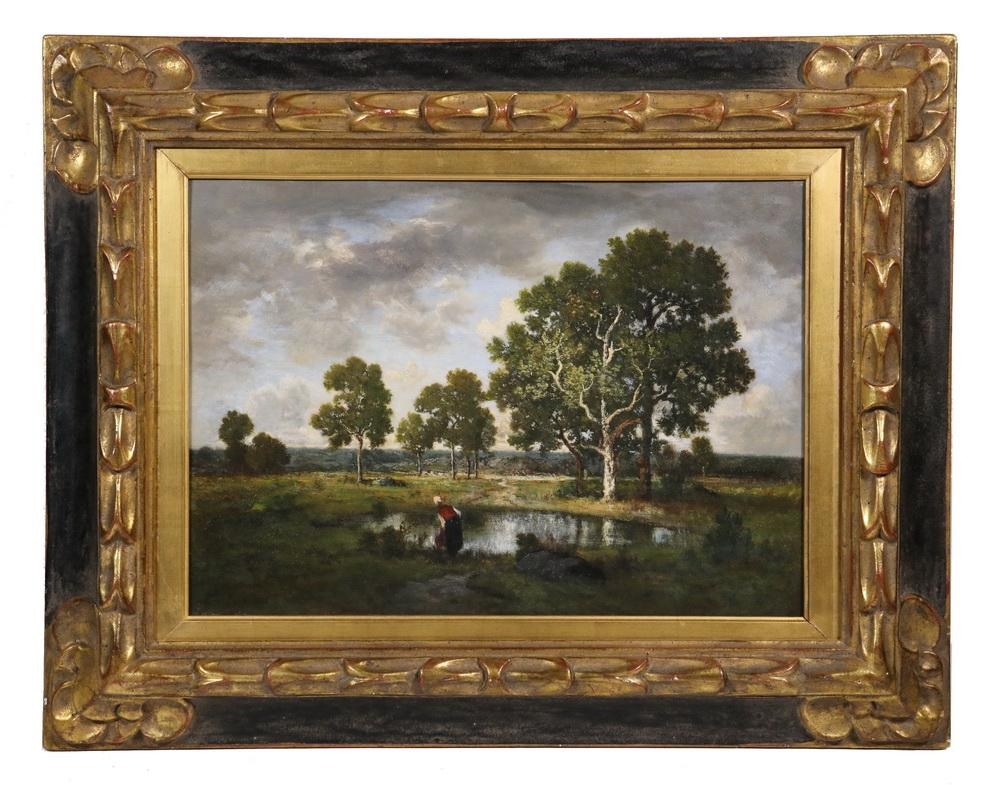 Léon Richet | Barbizon Landscape with shepherdess at pond | MutualArt