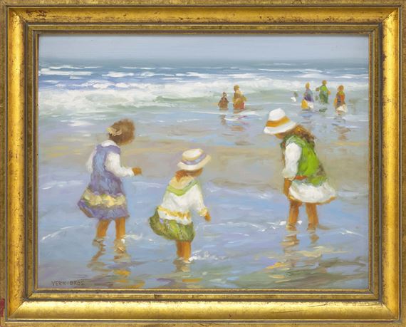 Vern Broe | Children playing in the surf | MutualArt