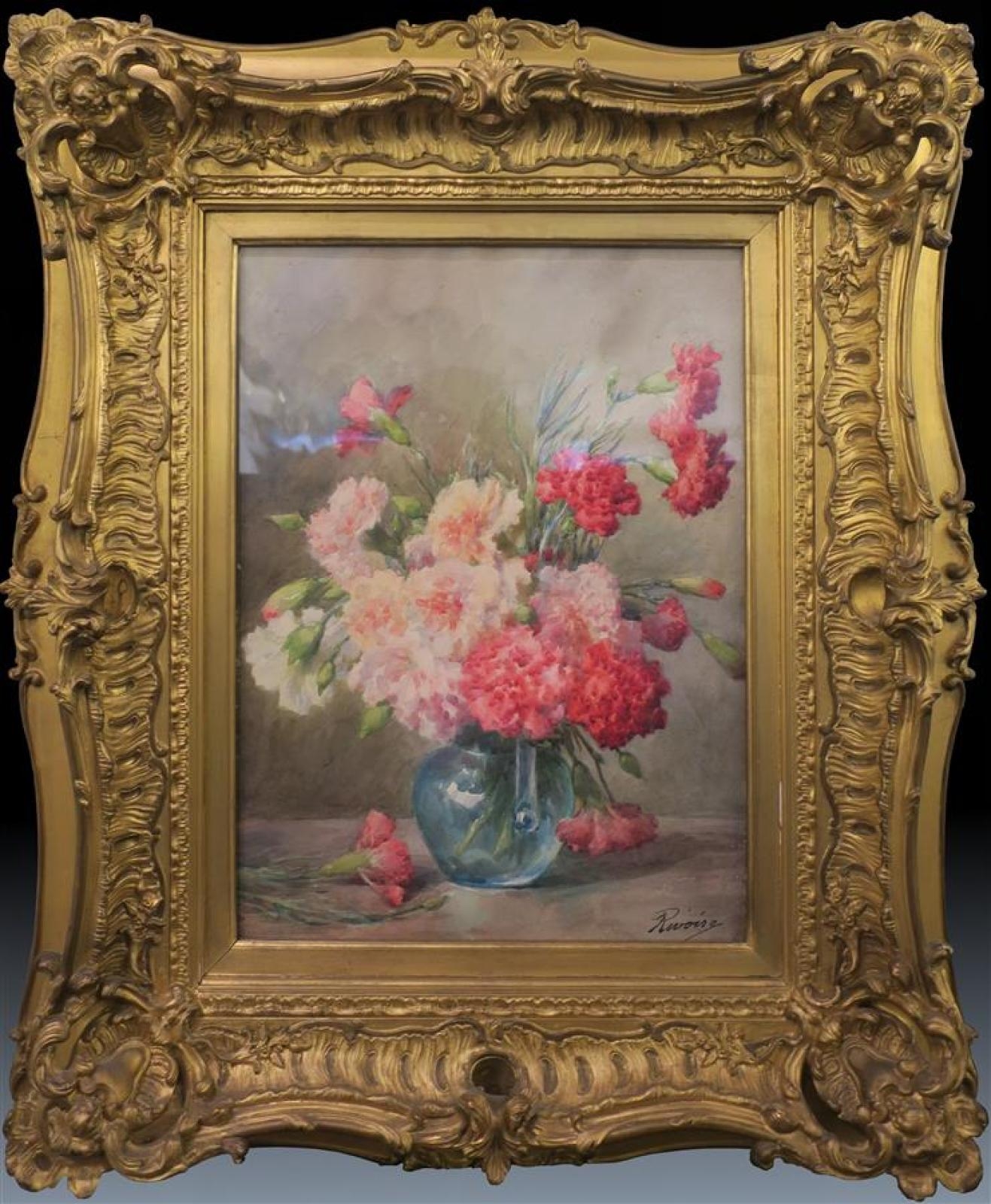 François Rivoire | Bouquet d'oeillets dans un vase en verre. | MutualArt