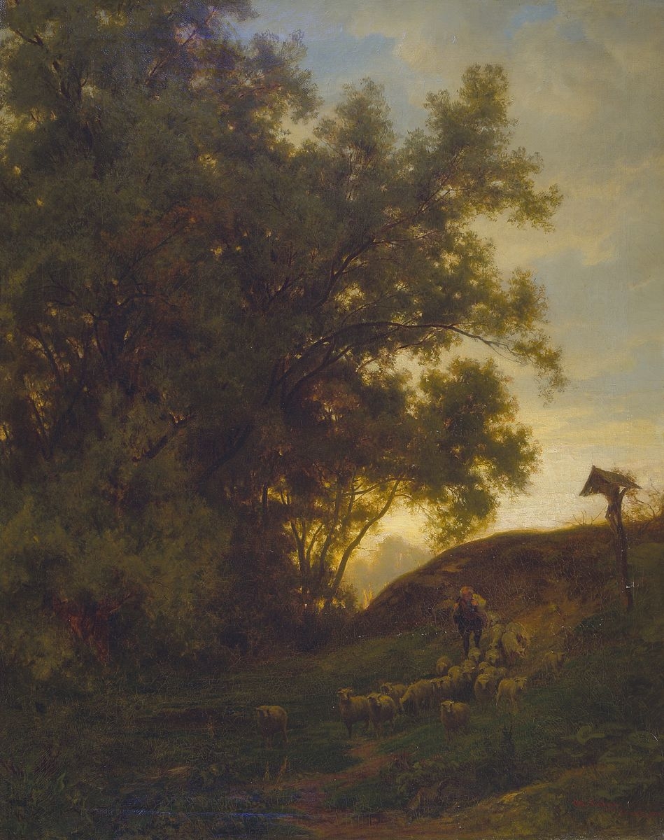 Otto Sinding | Shepherd with His Herd in Evening Woodland Landscape ...