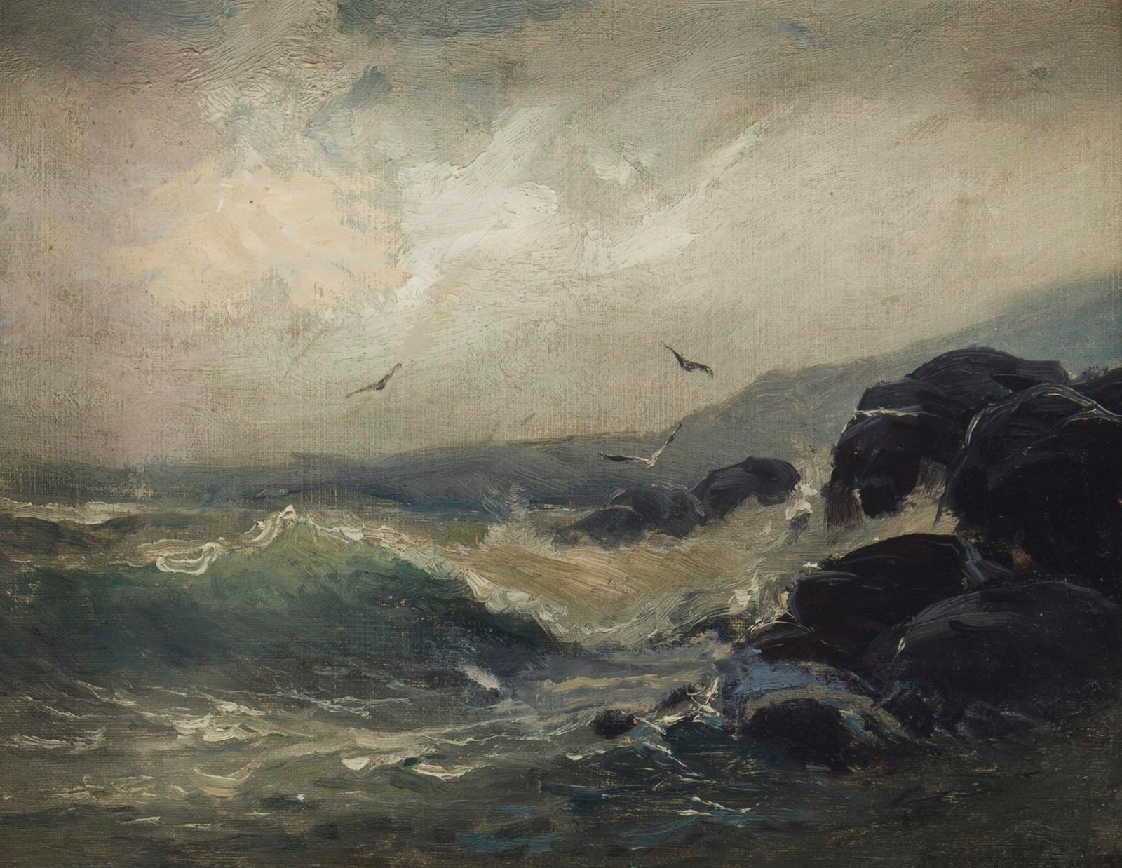 Edward Moran | Dusk seascape with tugboat and lighthouse | MutualArt