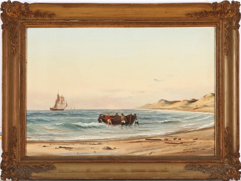 Vilhelm Melbye | Coastal view with fishermen pulling the boat to sea ...