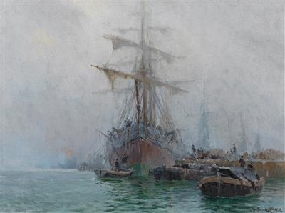 August von Ramberg | Fishing Boats by the Jetty (1932) | MutualArt