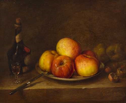 Gustave Courbet | Still life with apples on a plate and wine on a table ...
