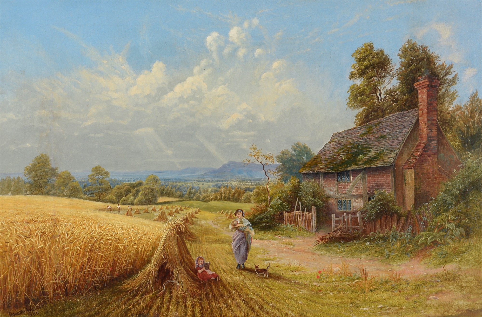 Bonomi Edward Warren | Mother with children by cottage and cornfields ...
