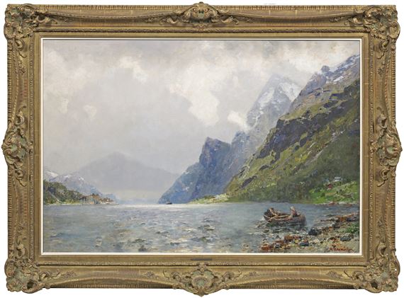 Georg Anton Rasmussen | Fjord mit ruderndem Fischerpaar und Postschiff ...