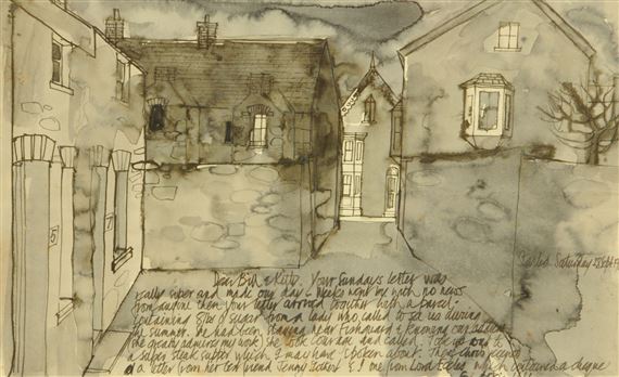 Percy Kelly | illustrated with a courtyard and buildings (1974) | MutualArt