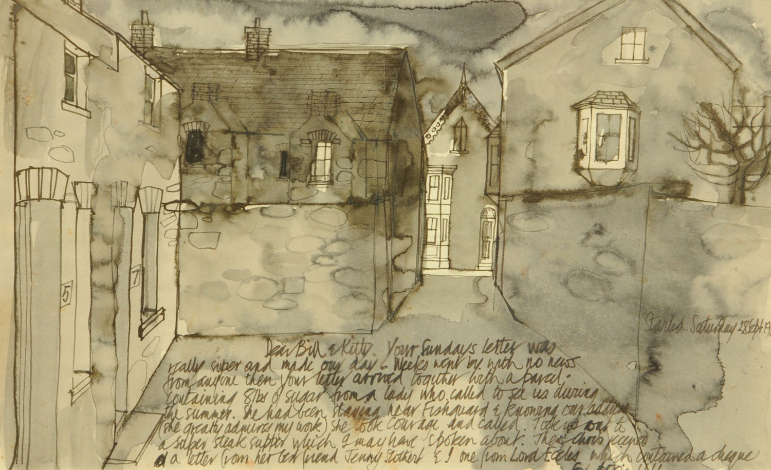 Percy Kelly | illustrated with a courtyard and buildings (1974) | MutualArt