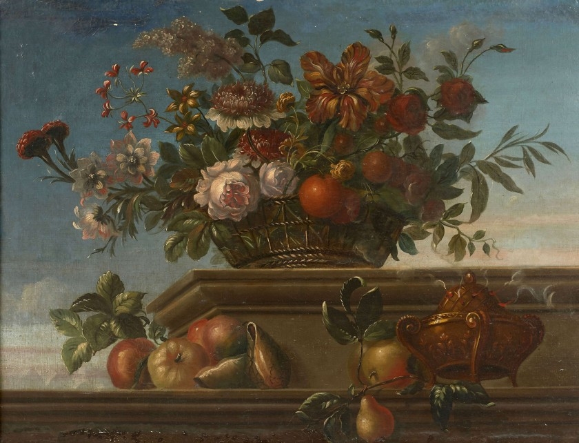Pierre Nicolas Huilliot | Corbeille de fleurs et fruits sur un ...