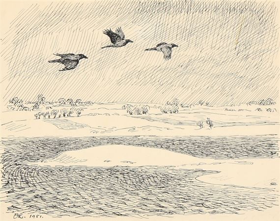 Johannes Larsen | Birds flying over open fields (1951) | MutualArt