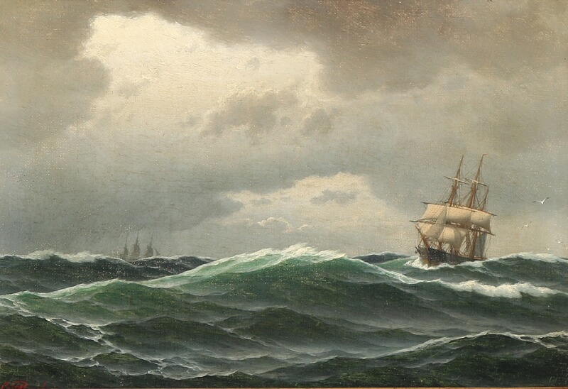 Carl Emil Baagøe | Seascape with sailing ships on rough water | MutualArt