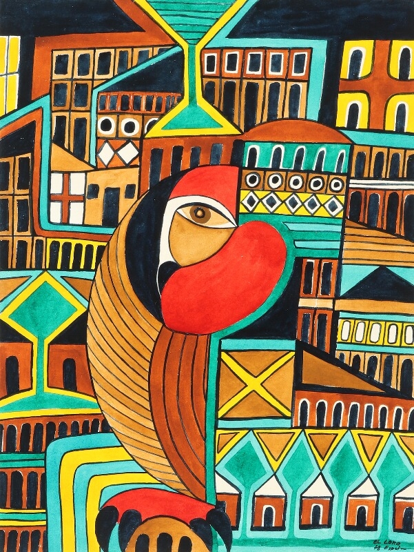 El Loko | Composition with a figure and buildings (1978) | MutualArt