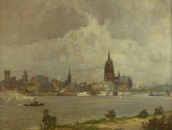 Erich Mercker | Blick über den Main auf Frankfurt mit dem eisernen Steg ...