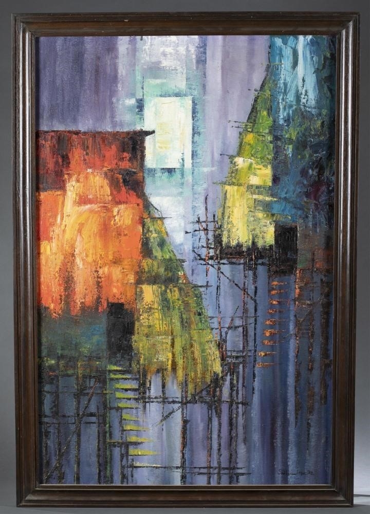 Sai Kyaw Htin | Large abstract painting depicting black lines and blocks of orange and green ...