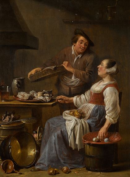 Jan Olis | A kitchen maid and a fishmonger in an interior (1610 - 1676 ...