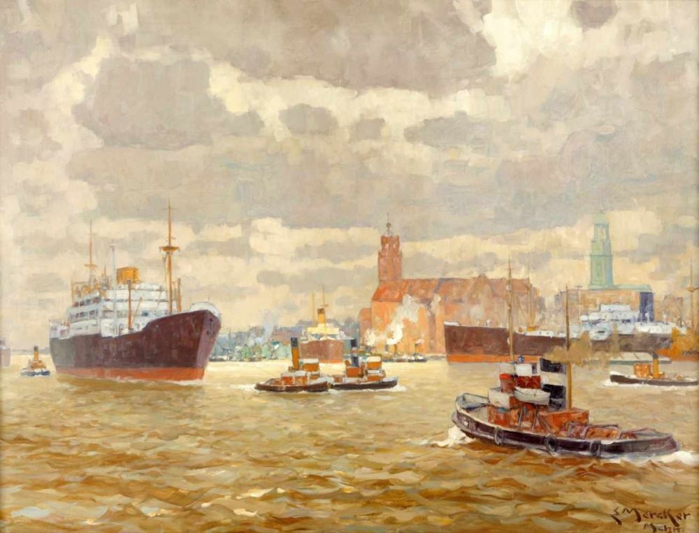 Erich Mercker | München Frachtschiffe mit Schleppern im Hamburger Hafen ...
