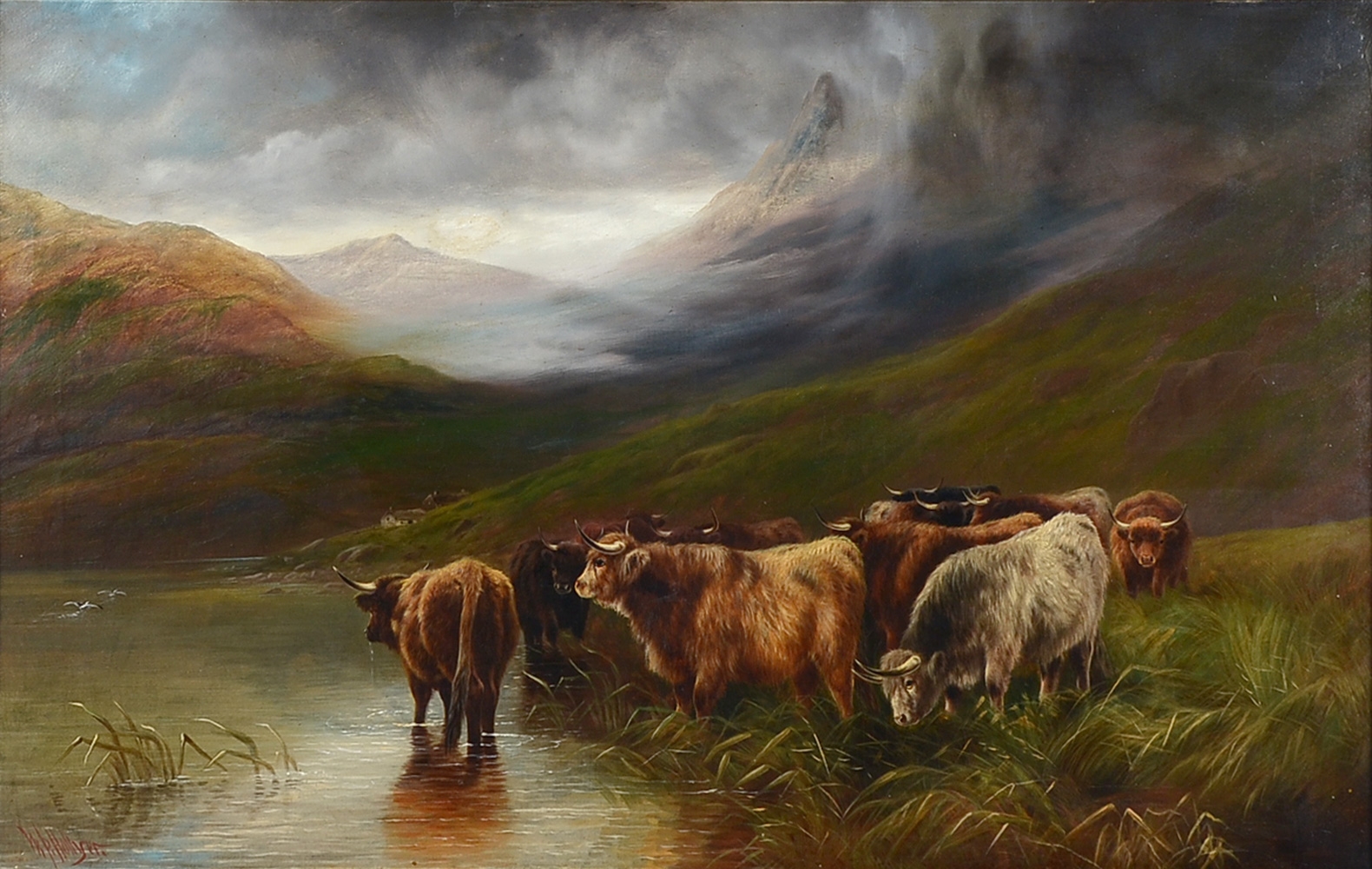 William Perring Hollyer | Highland Lakeside Scene With Cattle | MutualArt