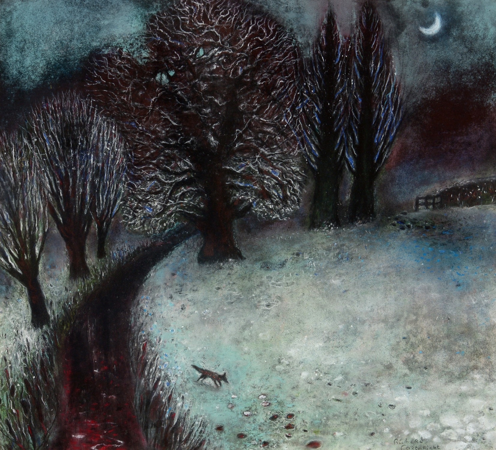 Richard Cartwright | Winter nocturne with a fox by a river | MutualArt