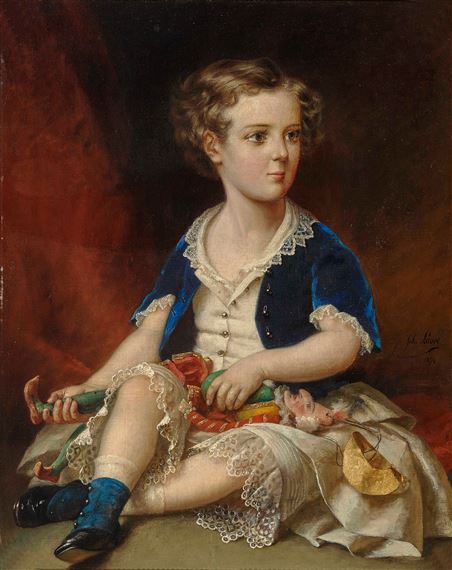 Jules Laure | Portrait of a boy with Punch puppet (1854) | MutualArt