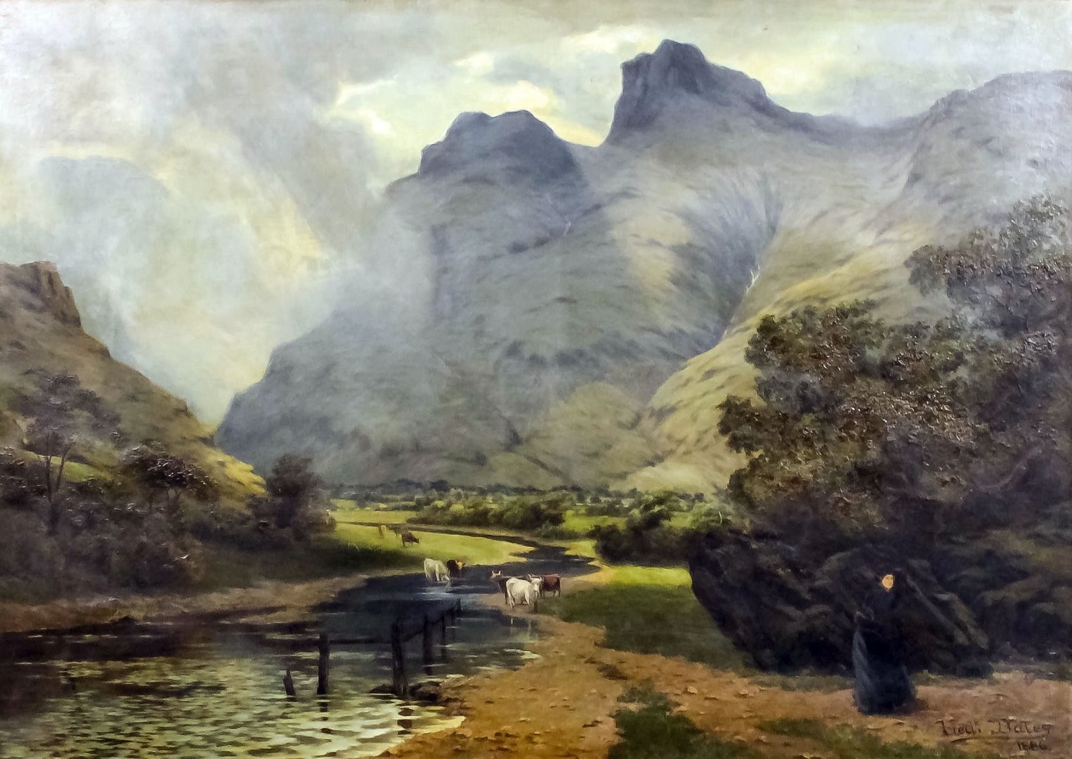 Frederic Bates | Langdale Pikes with cattle watering and figure to ...