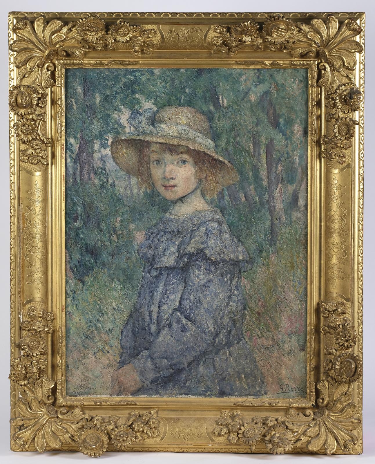 Gustave-René Pierre | Fillette au chapeau en forêt | MutualArt