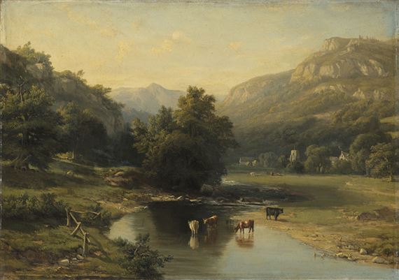 Henry Sheridan | A wooded river landscape with cattle watering, a ...