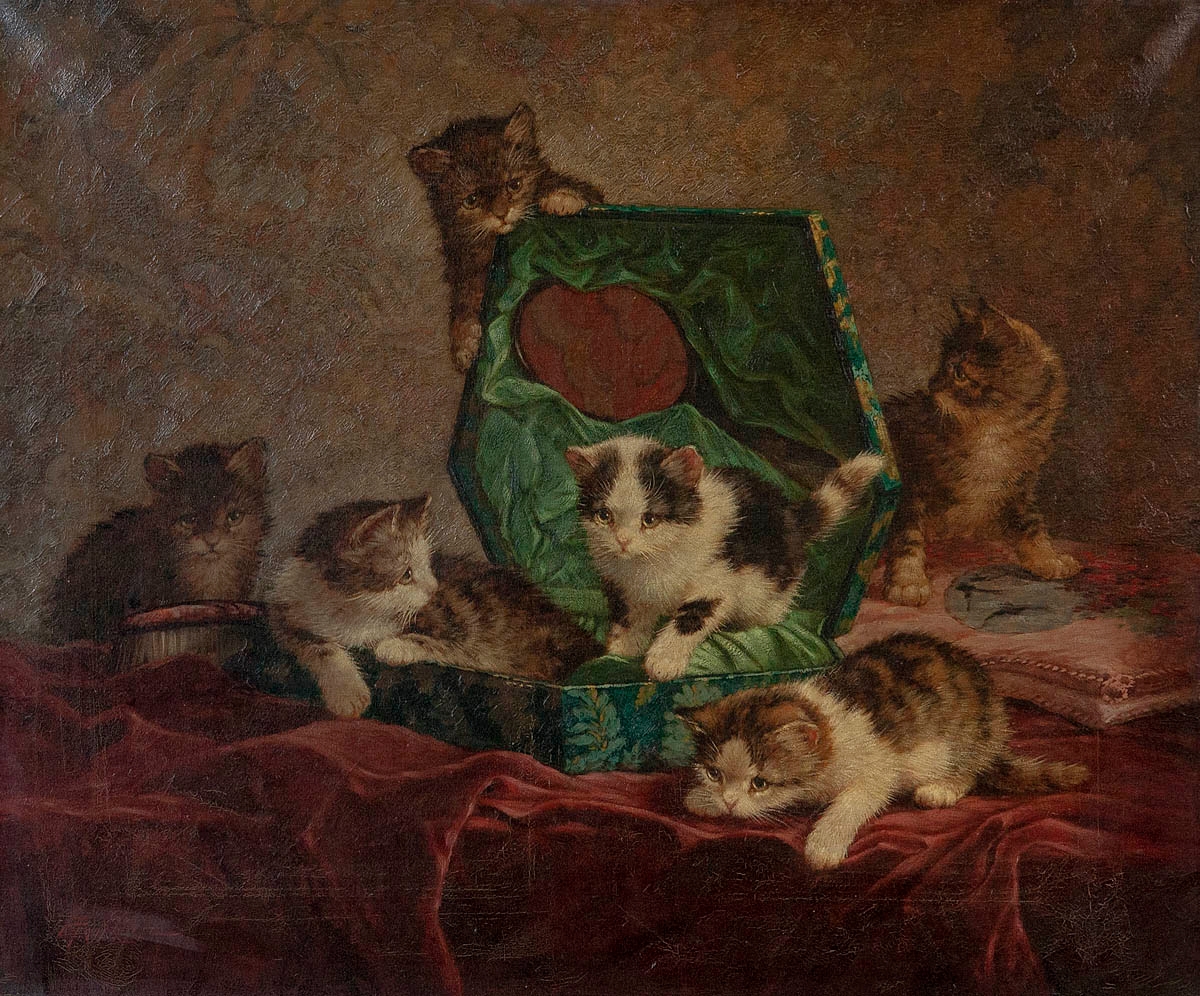 Cornelis Raaphorst | Six kittens playing with toiletry box. | MutualArt
