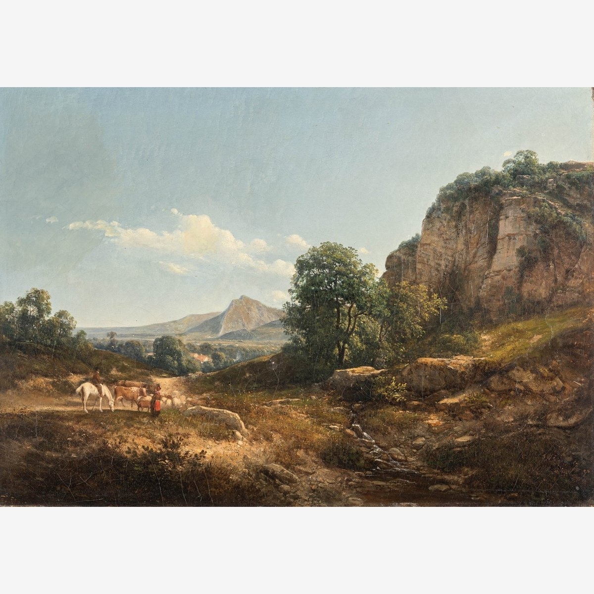 Jean Achard | Bergige Landschaft mit Reiter und Schaf-/Kuhhirtin (1848 ...