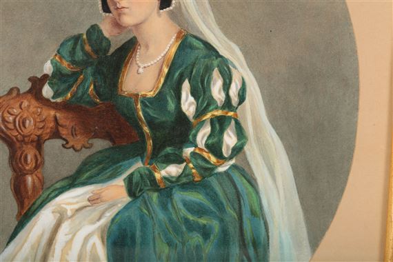 Adelaide Claxton | Young woman in a green Tudor dress (1869) | MutualArt