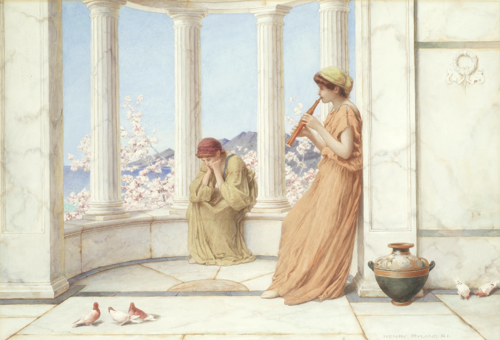 Henry Ryland | Girls by a wellhead with birds | MutualArt