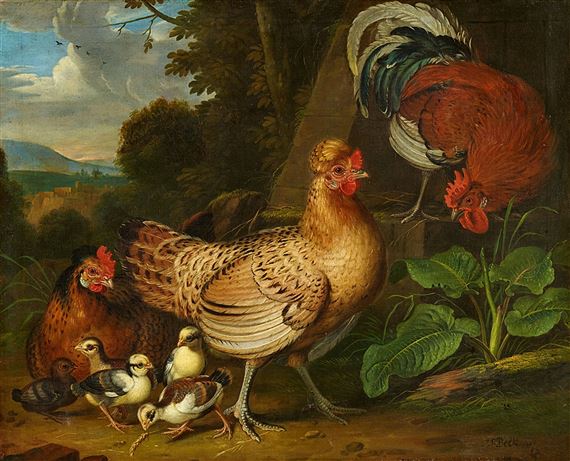 Jacob Samuel Beck | Rooster with Two Hens and Chicks | MutualArt