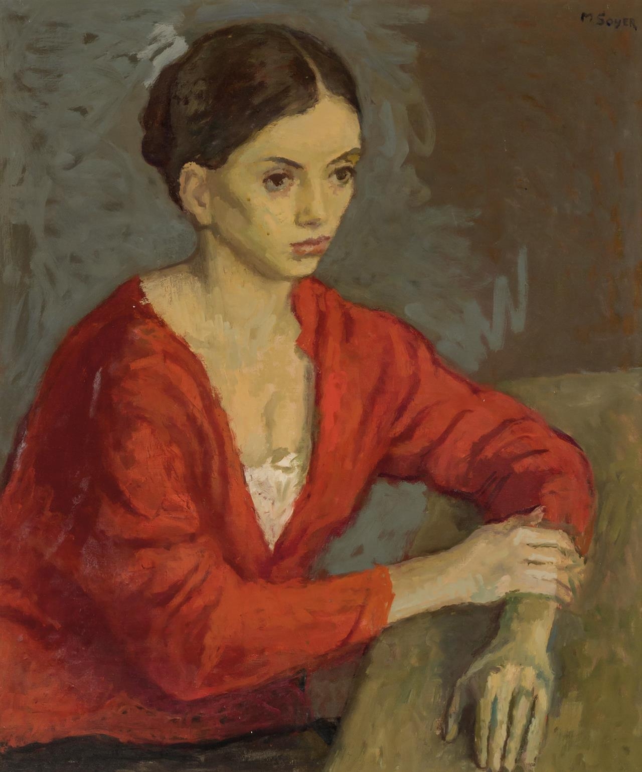 Moses Soyer | Woman in Red | MutualArt