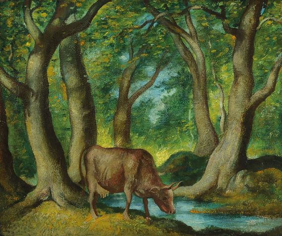 Carlo Mense | Cow, drinking at a forest brook | MutualArt
