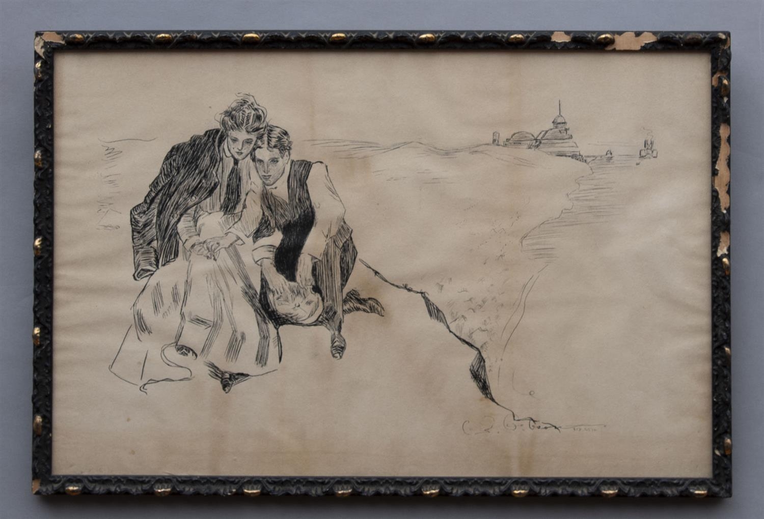 Charles Dana Gibson | Drawing: Four men sitting on bench (1903) | MutualArt