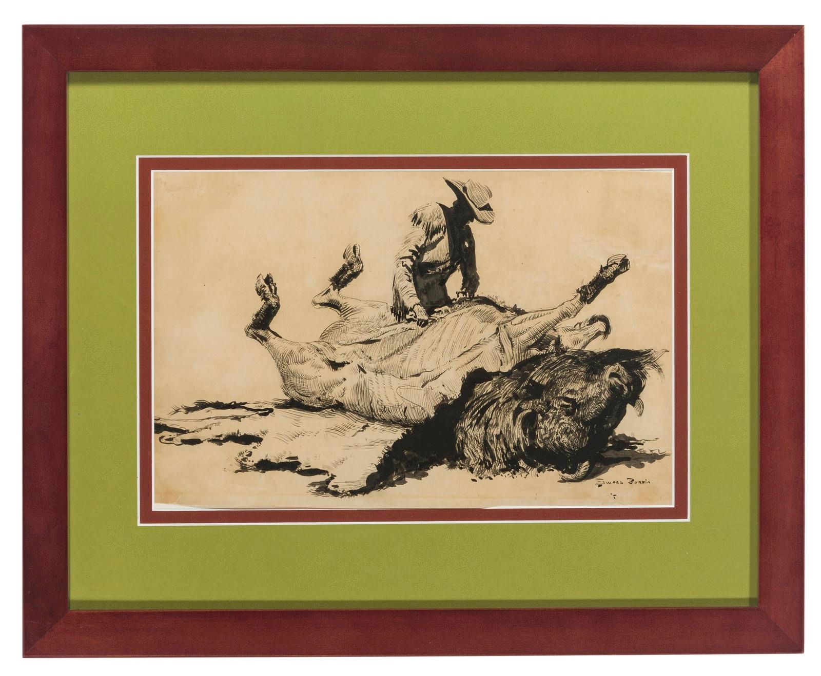Edward Borein | Cowboy dressing a bison | MutualArt