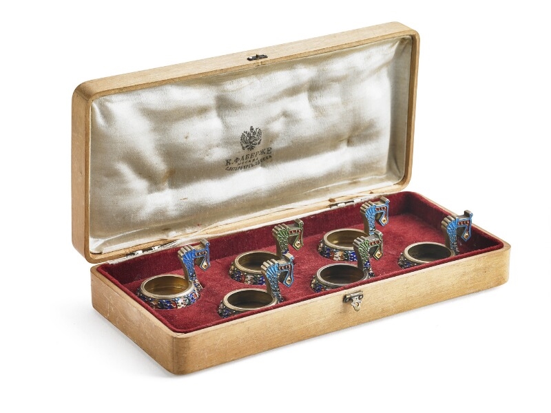 Feodor Rückert | A set of six Russian silver-gilt and cloisonné enamel ...