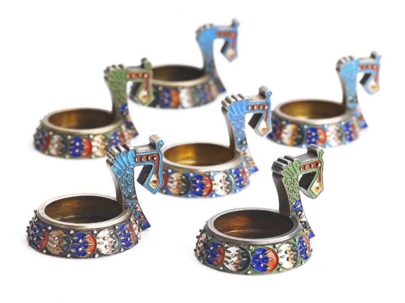 Feodor Rückert | A set of six Russian silver-gilt and cloisonné enamel ...