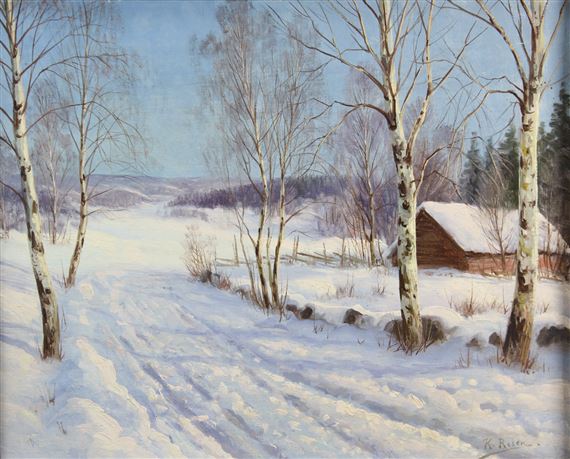 Karl Rosen | Winter Snowfall Scene with Cabin | MutualArt