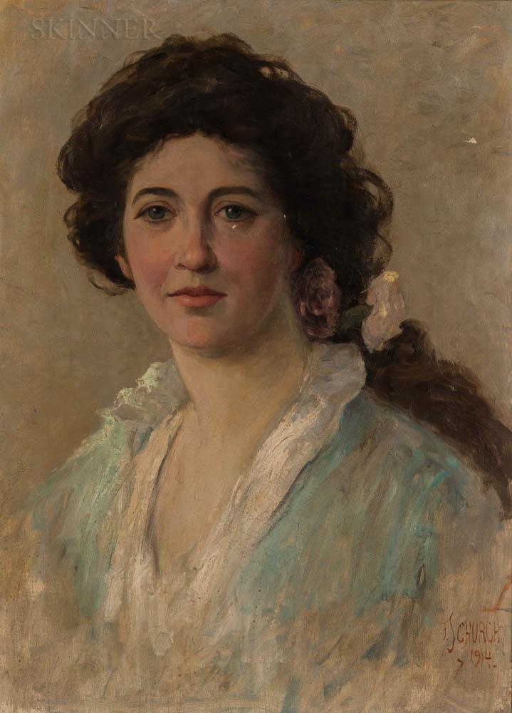 Frederick Stuart Church | Seated girl presenting a rose to a tiger ...