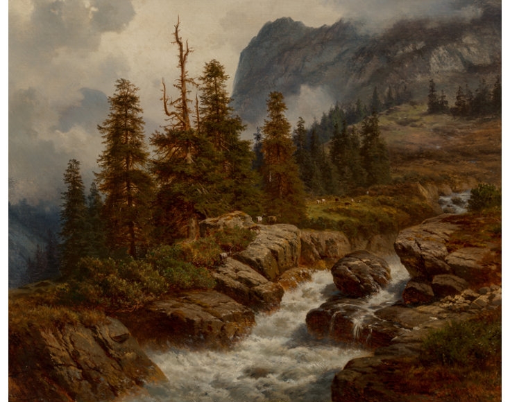 Georg Engelhardt | Goats by an alpine stream | MutualArt