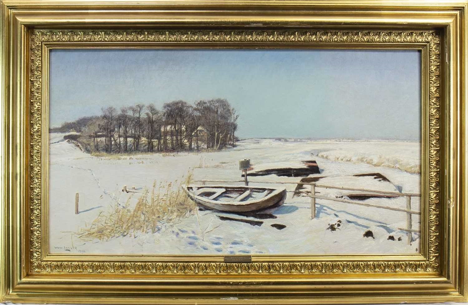 Olaf Viggo Peter Langer | SNOWY LANDSCAPE WITH BOAT BY VIGGO LANGER ...