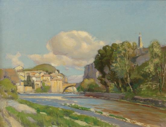 Edward E. Manwaring | EUROPEAN HILLSIDE VILLAGE BY RIVER | MutualArt