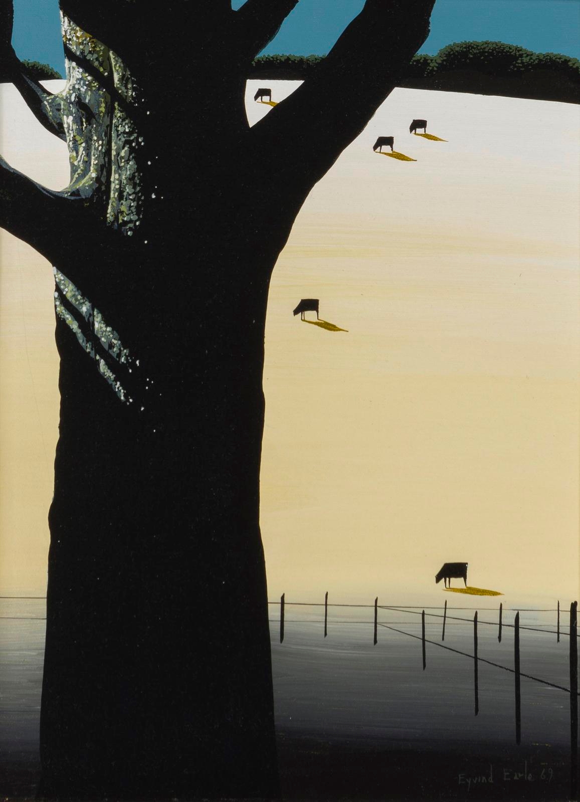 Eyvind Earle | Red Barns and Tall Trees Casting Shadows in a Snow ...